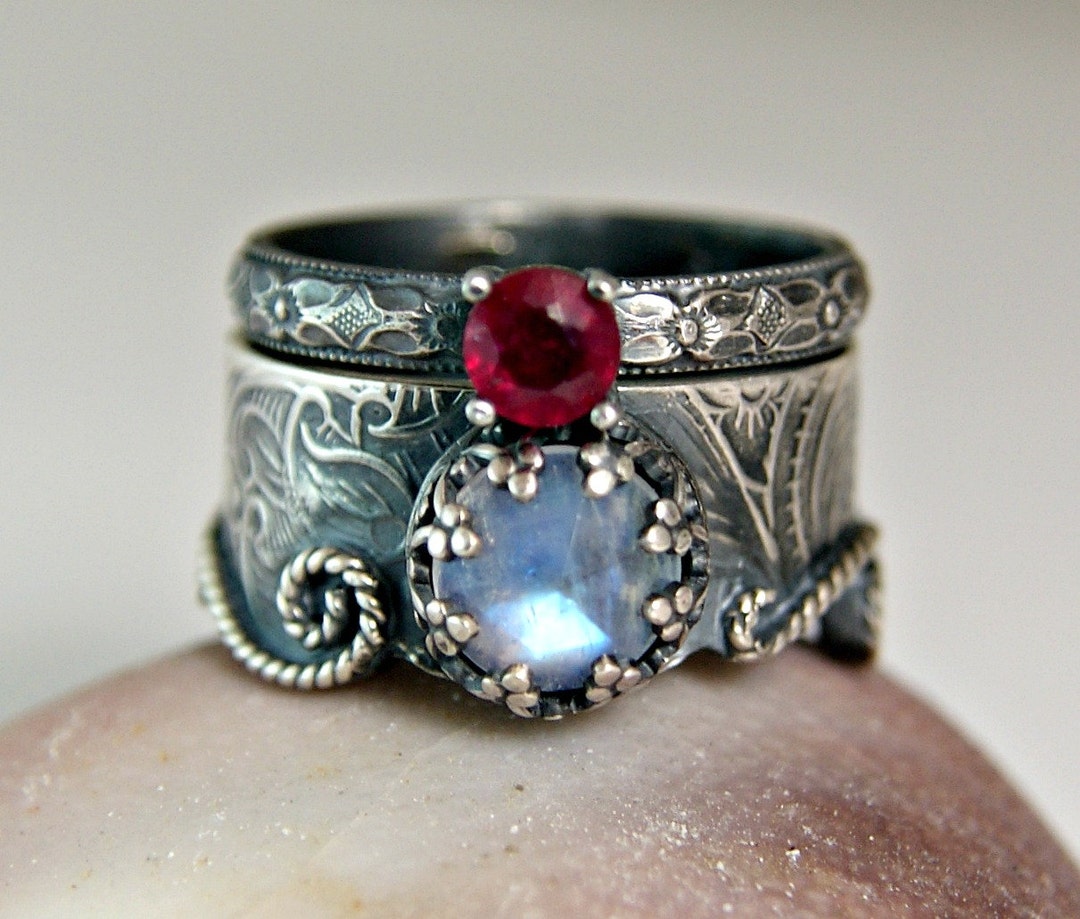 Moonstone Mermaid Ring Sterling Silver Ruby Wedding Set Vintage ...