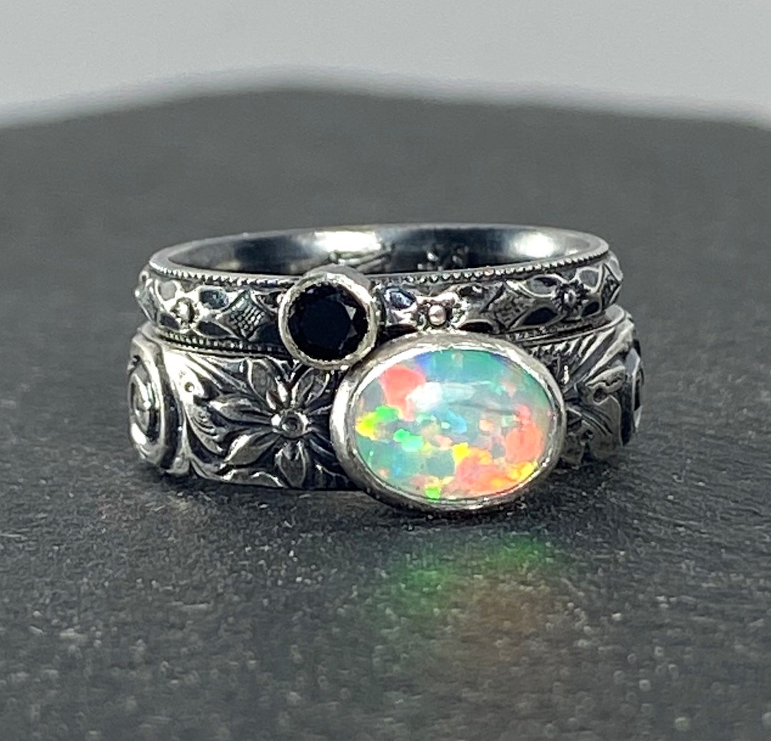 Opal Stackable Rings in Sterling Silver Stacking Set Two Rings - Etsy