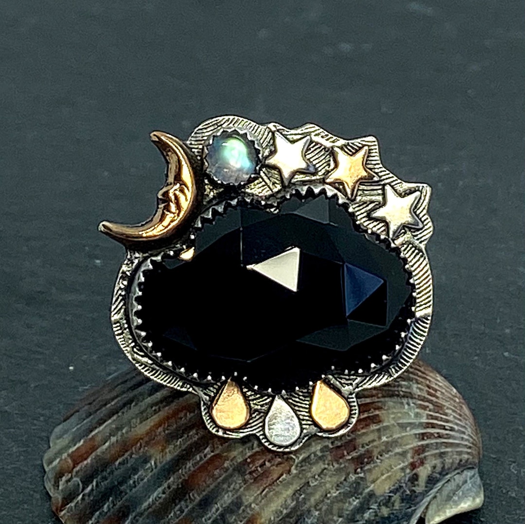 Cloudy Night Onyx Ring, Man in the Moon Sterling Silver Jewelry - Etsy