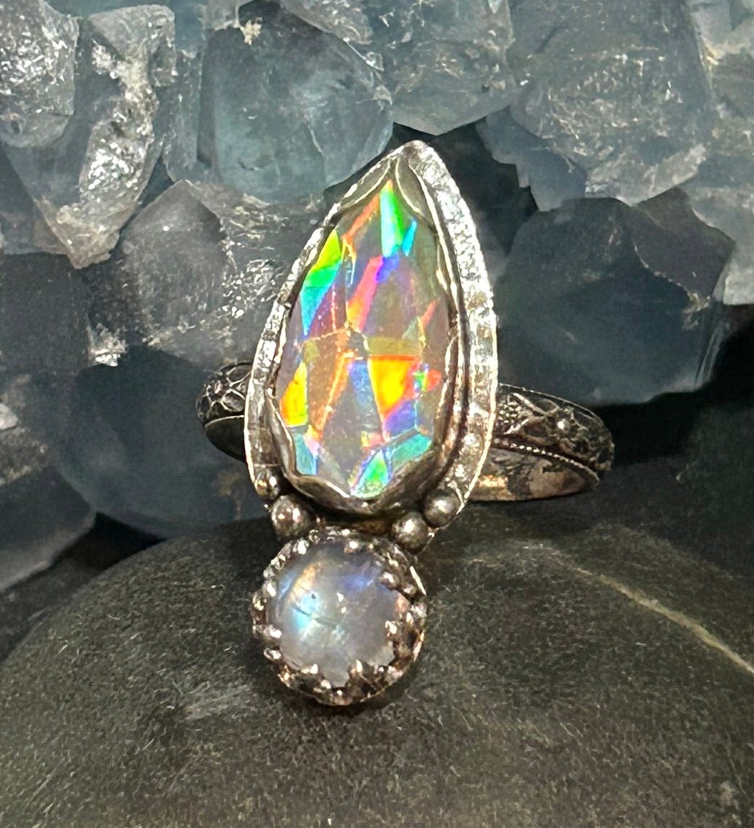 Aurora Quartz Blue Moonstone Cocktail Ring Sterling Silver - Etsy