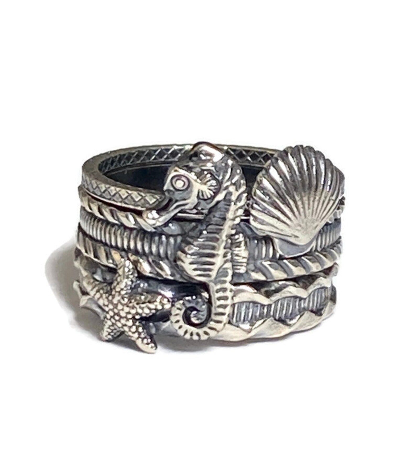 Seahorse Ring Seashell Starfish Stacking Set in Sterling Silver - Etsy