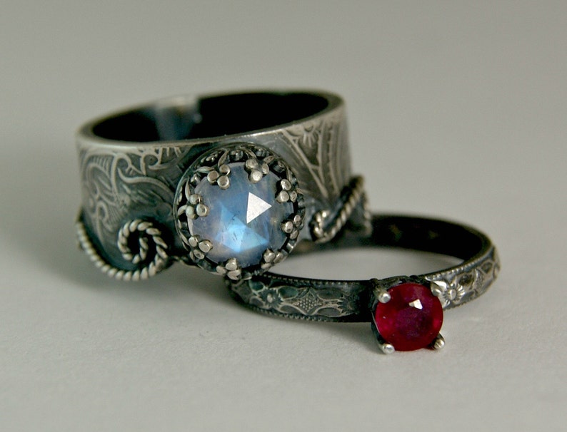 Moonstone Mermaid Ring Sterling Silver Ruby Wedding Set | Etsy
