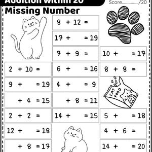Cat Math Worksheets: Grade 1, Addition & Subtraction, Missing Numbers ...