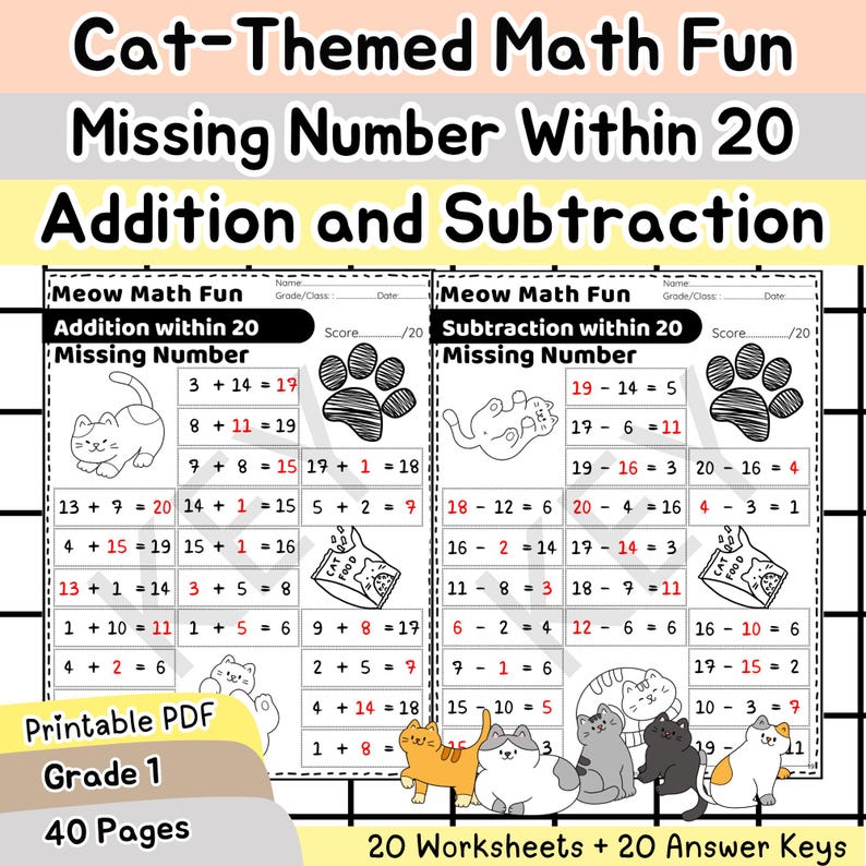 Cat Math Worksheets: Grade 1, Addition & Subtraction, Missing Numbers ...