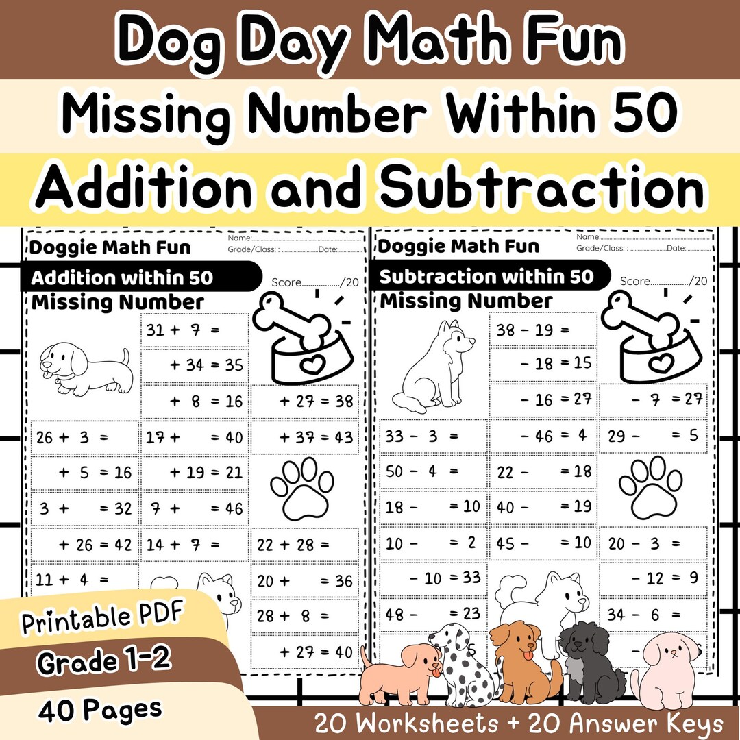 Dog Math Worksheets Grade 1-2 | Missing Number to 50 | Addition ...