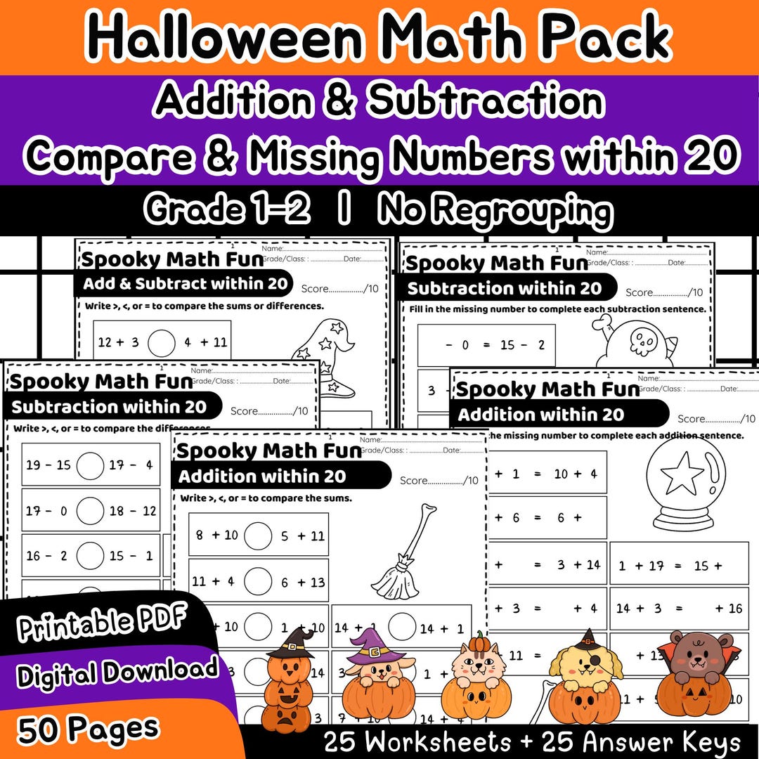 Halloween Math Worksheets: Addition, Subtraction & Comparing Numbers ...