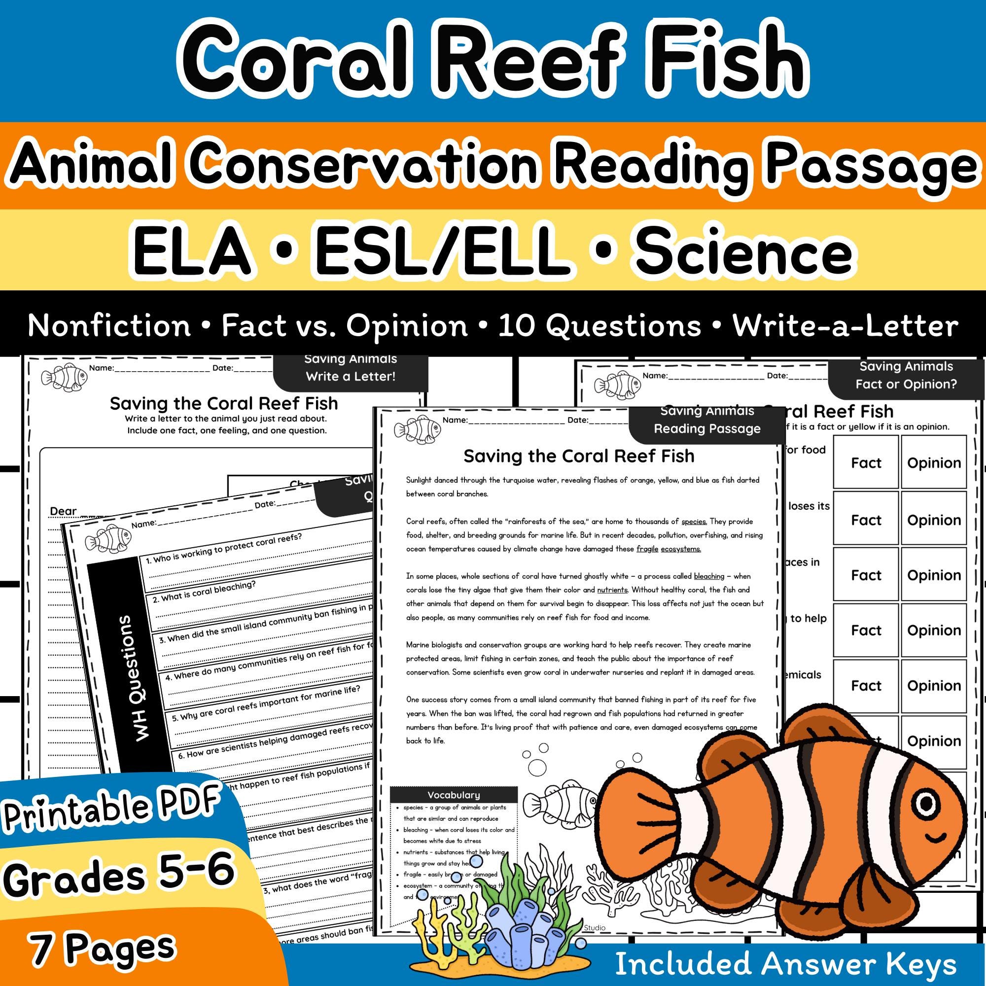 Coral Reef Fish Reading Comprehension: Grades 5–6 ELA & Science ...