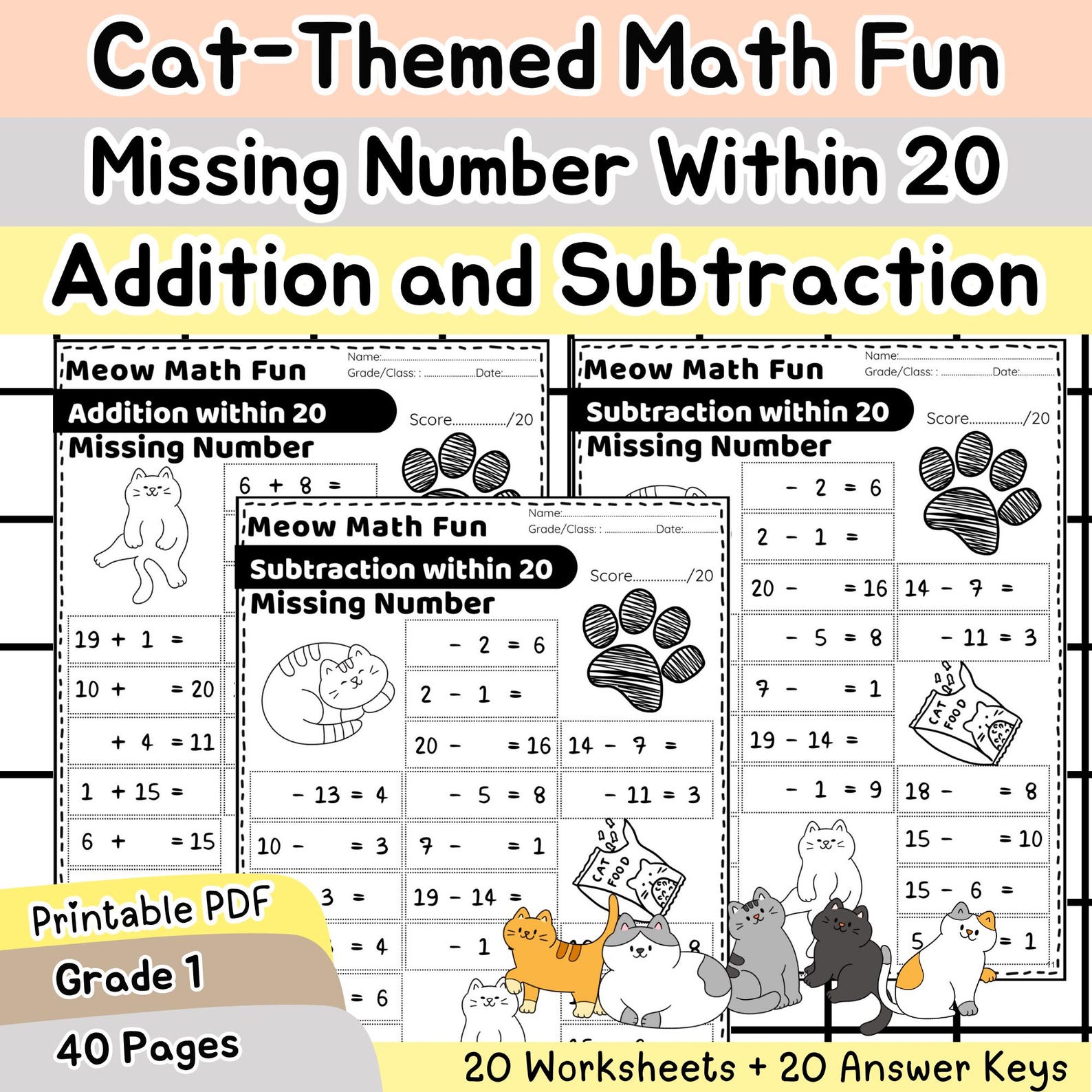 Cat Math Worksheets: Grade 1, Addition & Subtraction, Missing Numbers ...