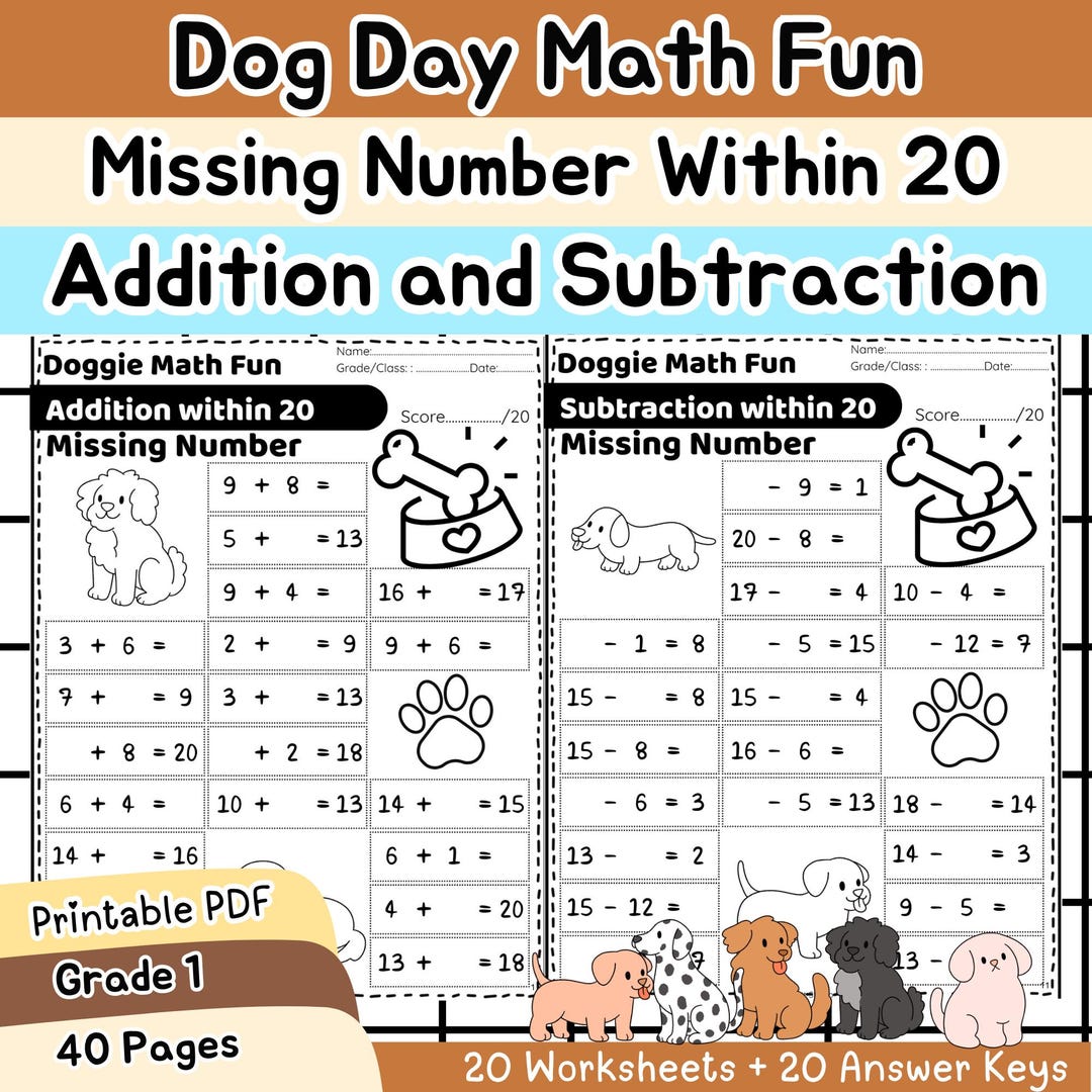 Dog Math Worksheets: Grade 1, Addition & Subtraction, Missing Numbers ...