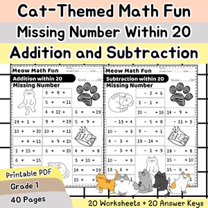 Cat Math Worksheets: Grade 1, Addition & Subtraction, Missing Numbers ...