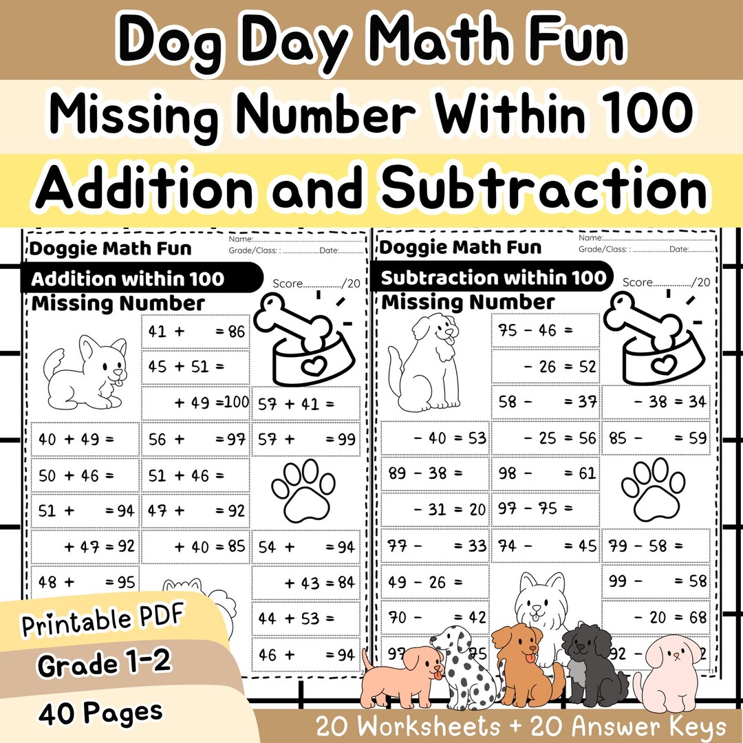 Dog Math Worksheets Grade 1-2 | Missing Number Within 100 | Addition ...