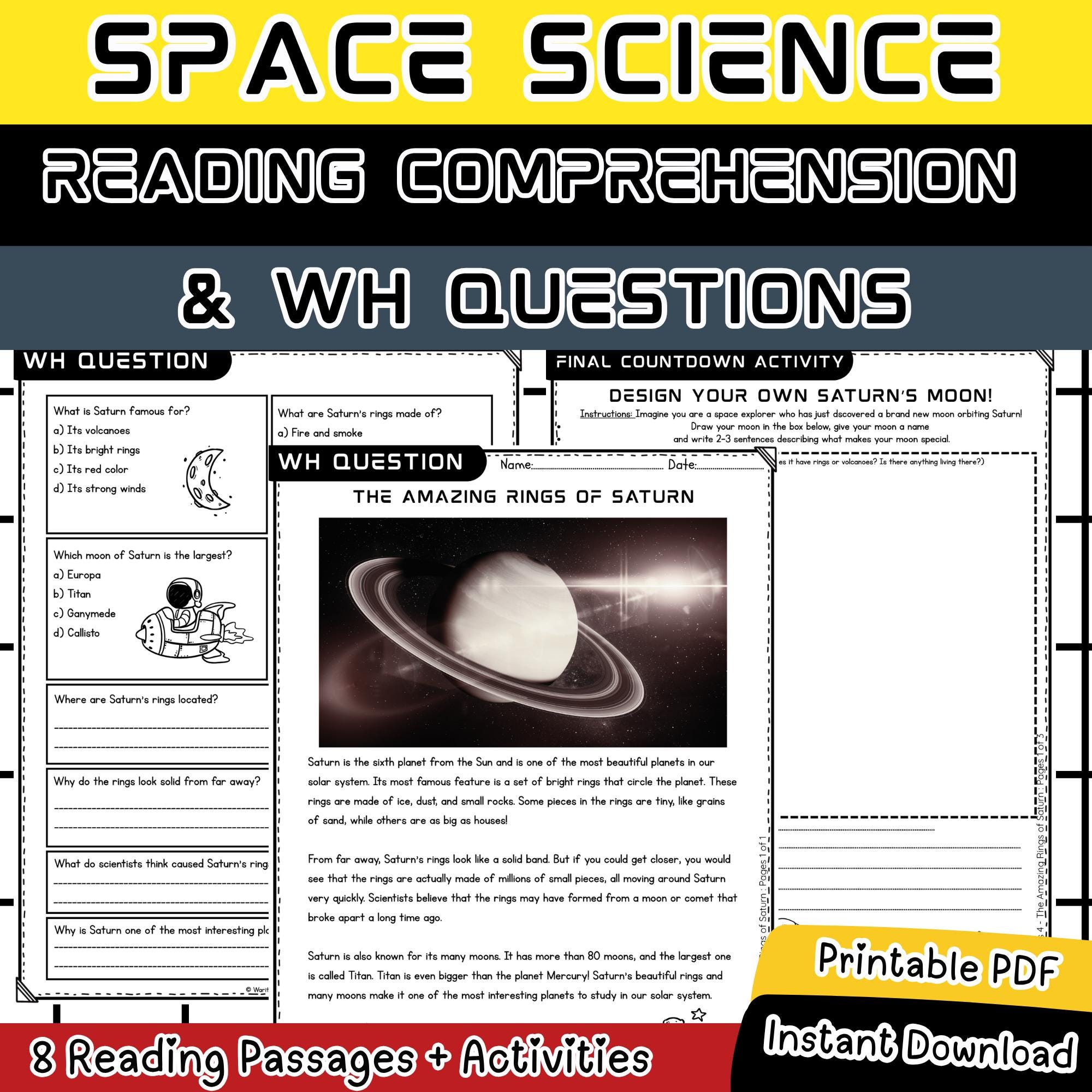 Space Science Reading Comprehension Worksheets | 8 WH Questions ...