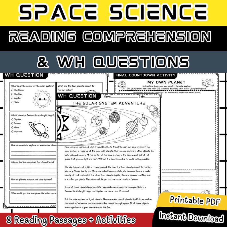 Space Science Reading Comprehension Worksheets | 8 WH Questions Passages | Printable PDF for ...