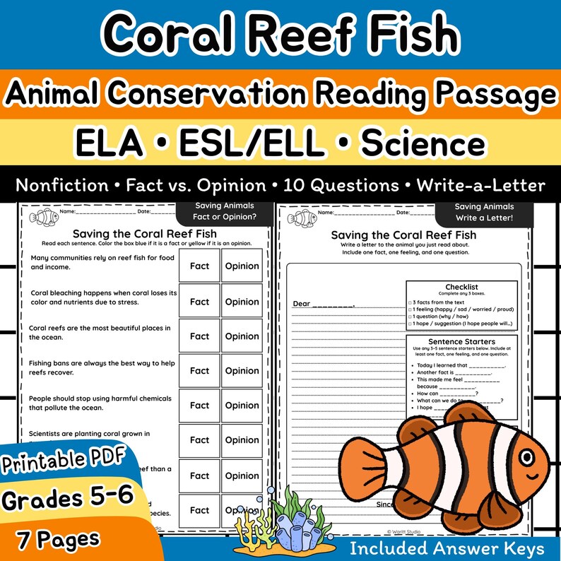 Coral Reef Fish Reading Comprehension: Grades 5–6 ELA & Science ...