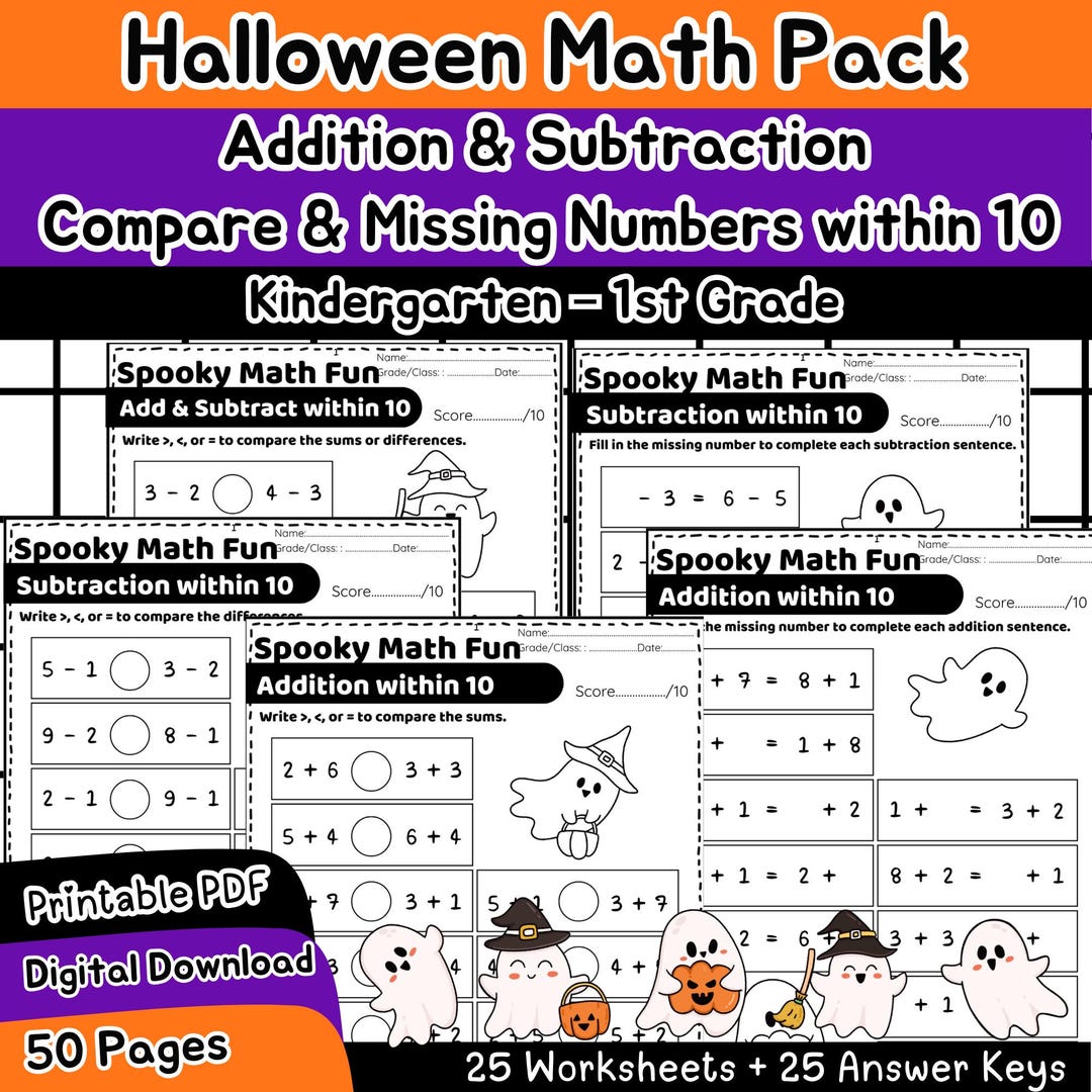 Halloween Math Worksheets: Kindergarten to Grade 1 Addition ...