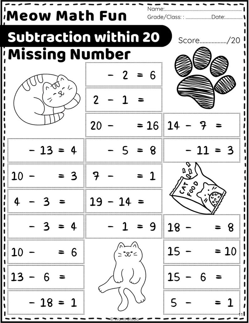 Cat Math Worksheets: Grade 1, Addition & Subtraction, Missing Numbers ...