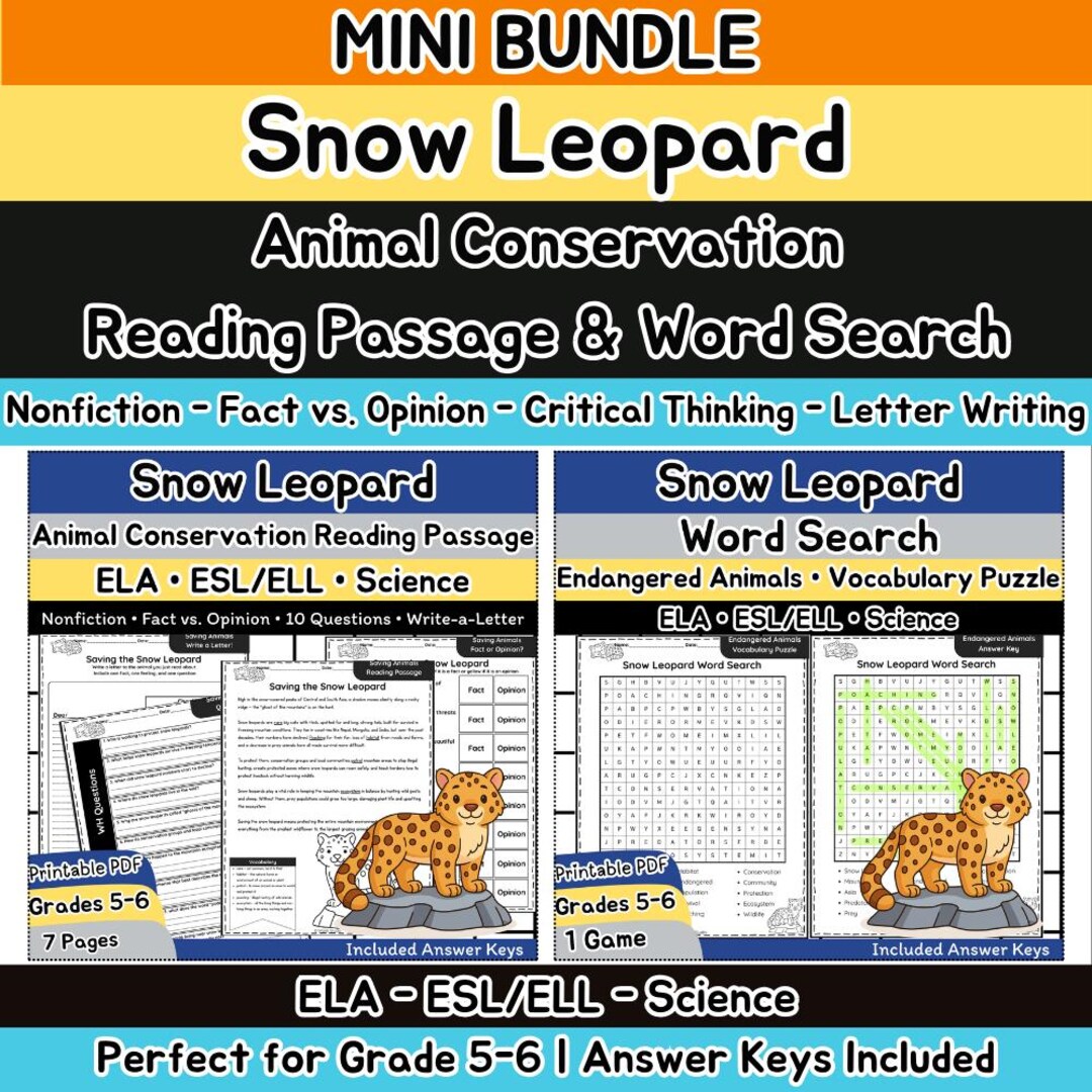 Snow Leopard Mini Bundle: Reading Passage & Word Search (PDF Printable ...