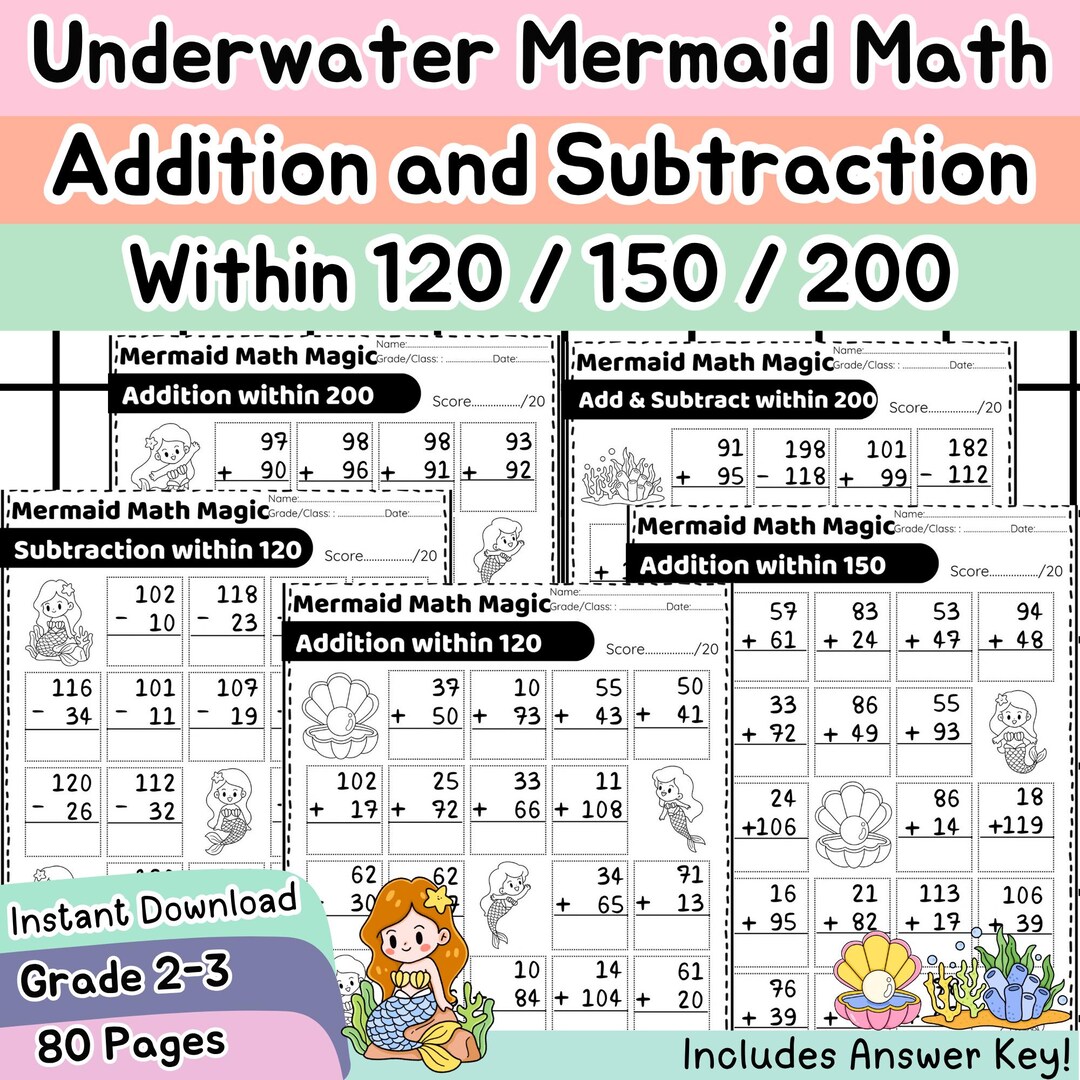 Mermaid Math Worksheets: Grades 2–3 Addition & Subtraction Within 120 ...