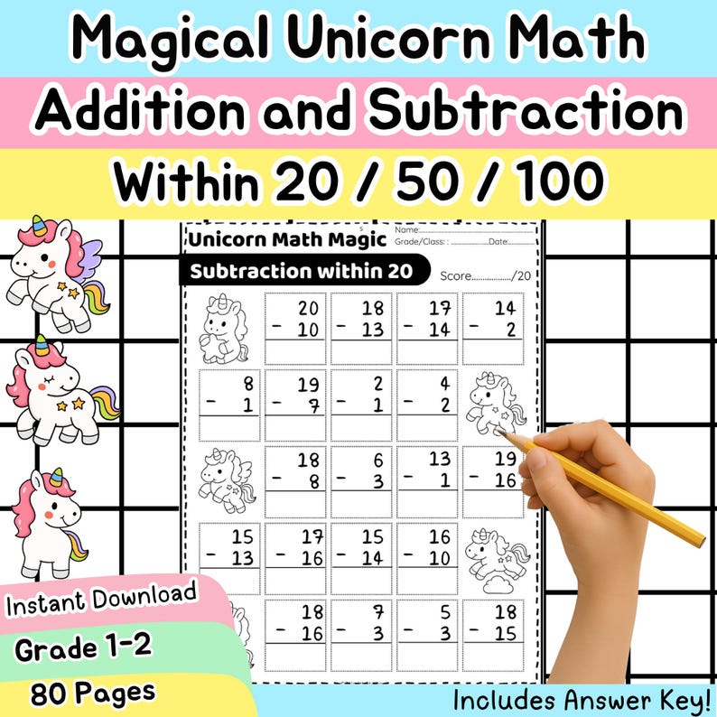 Unicorn Math Worksheets: Grades 1–2 Addition & Subtraction Within 20 ...