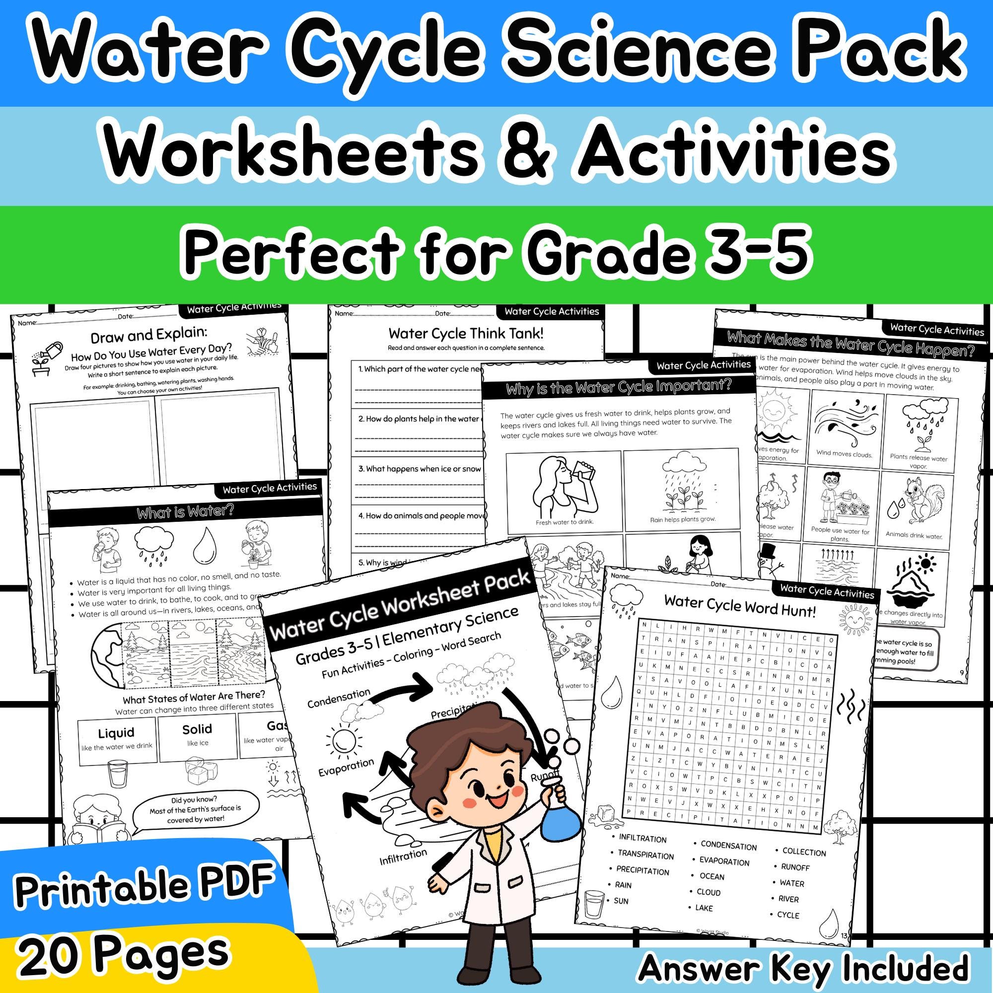 Water Cycle Science Worksheets: Evaporation, Condensation & Word Search ...