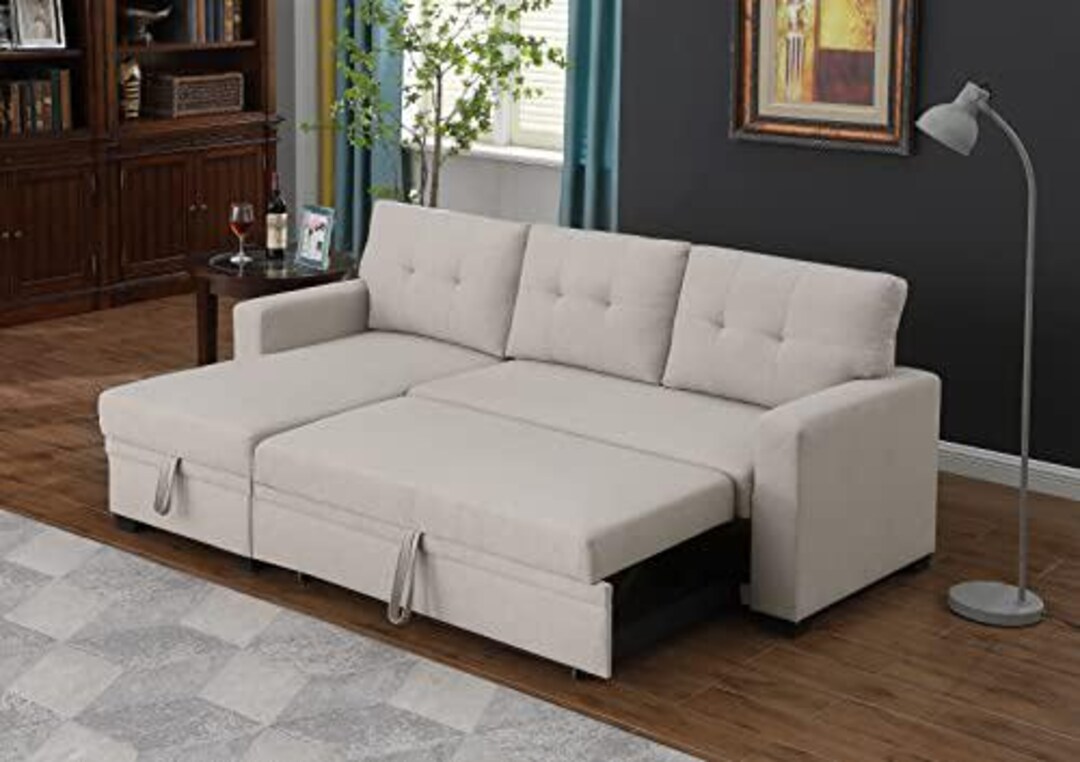 Devion Furniture L-shape Linen Sleeper Sectional Sofa for Living Room ...