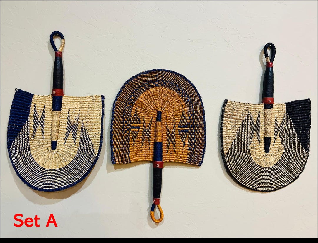 Set of 3 BOLGA Fans With Leather Handle, Hand Fans, Made in Ghana ...