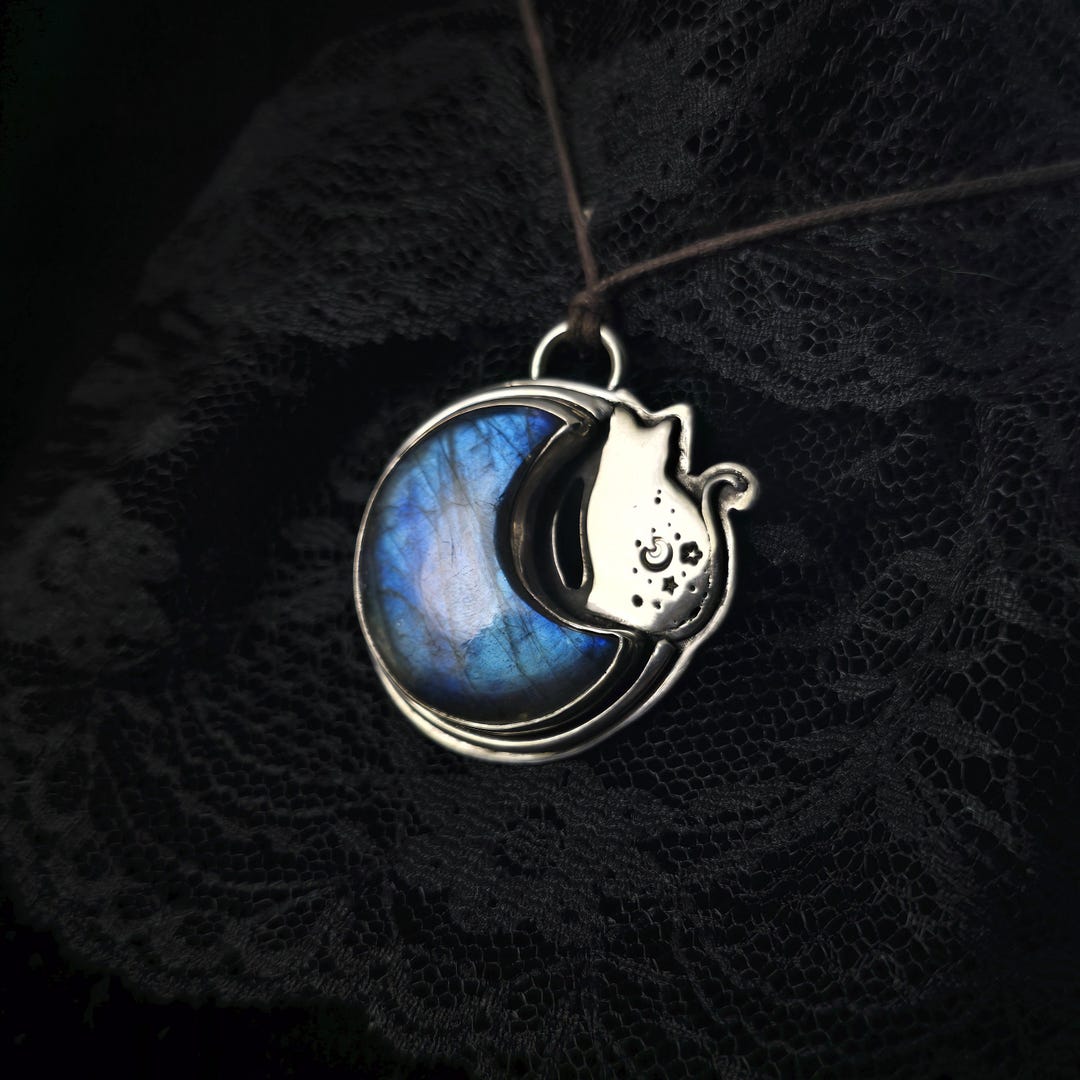 Cat in the Moon Necklace Pendant With Labradorite in Sterling Silver - Etsy