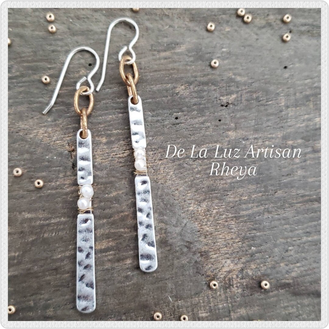 Rheya Sterling Silver Hammered Ingot Long Earrings Brass Chain White ...