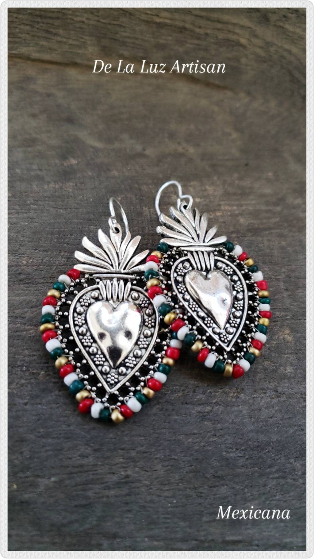 Mexicana Mexico Flag Colors Silver Sacred Heart Earrings - Etsy