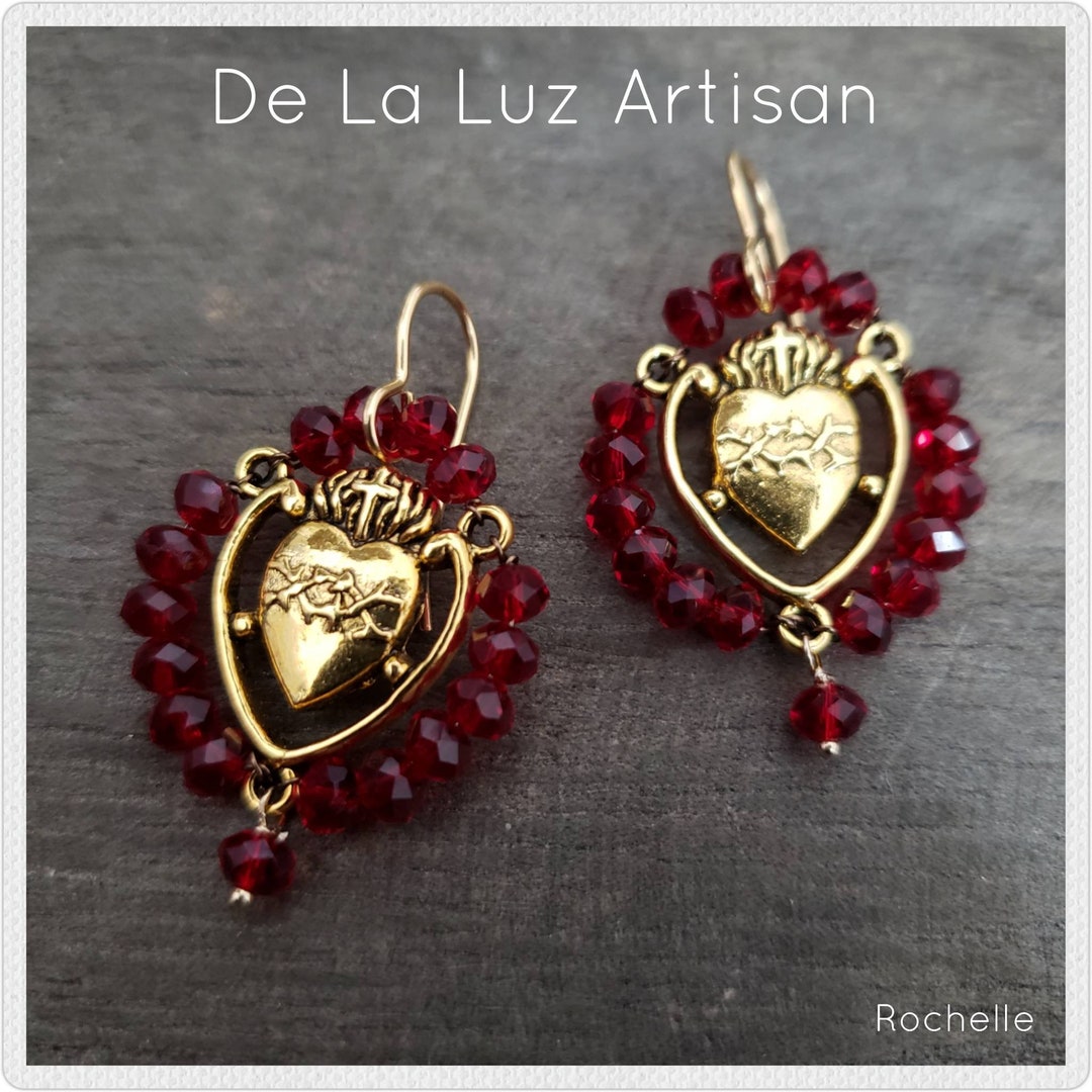 Rochelle Earrings 10k Gold Sacred Heart Red Crystals Wedding Classic ...