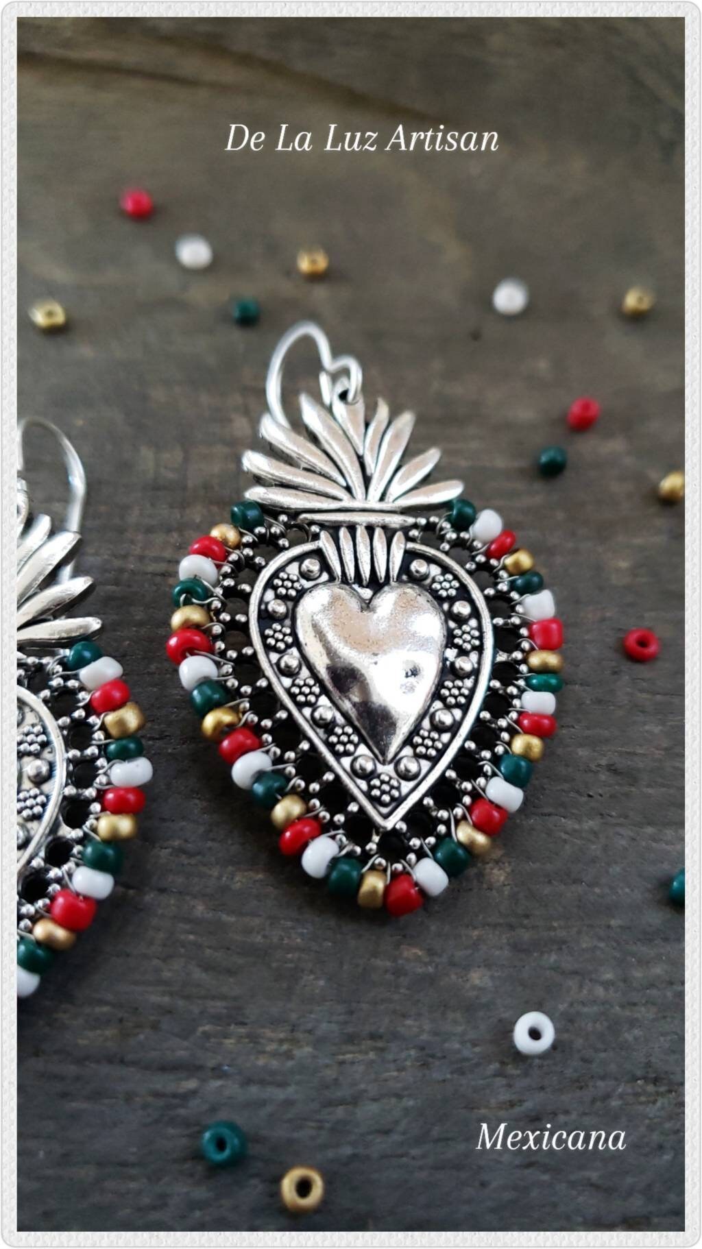 Mexicana Mexico Flag Colors Silver Sacred Heart Earrings - Etsy