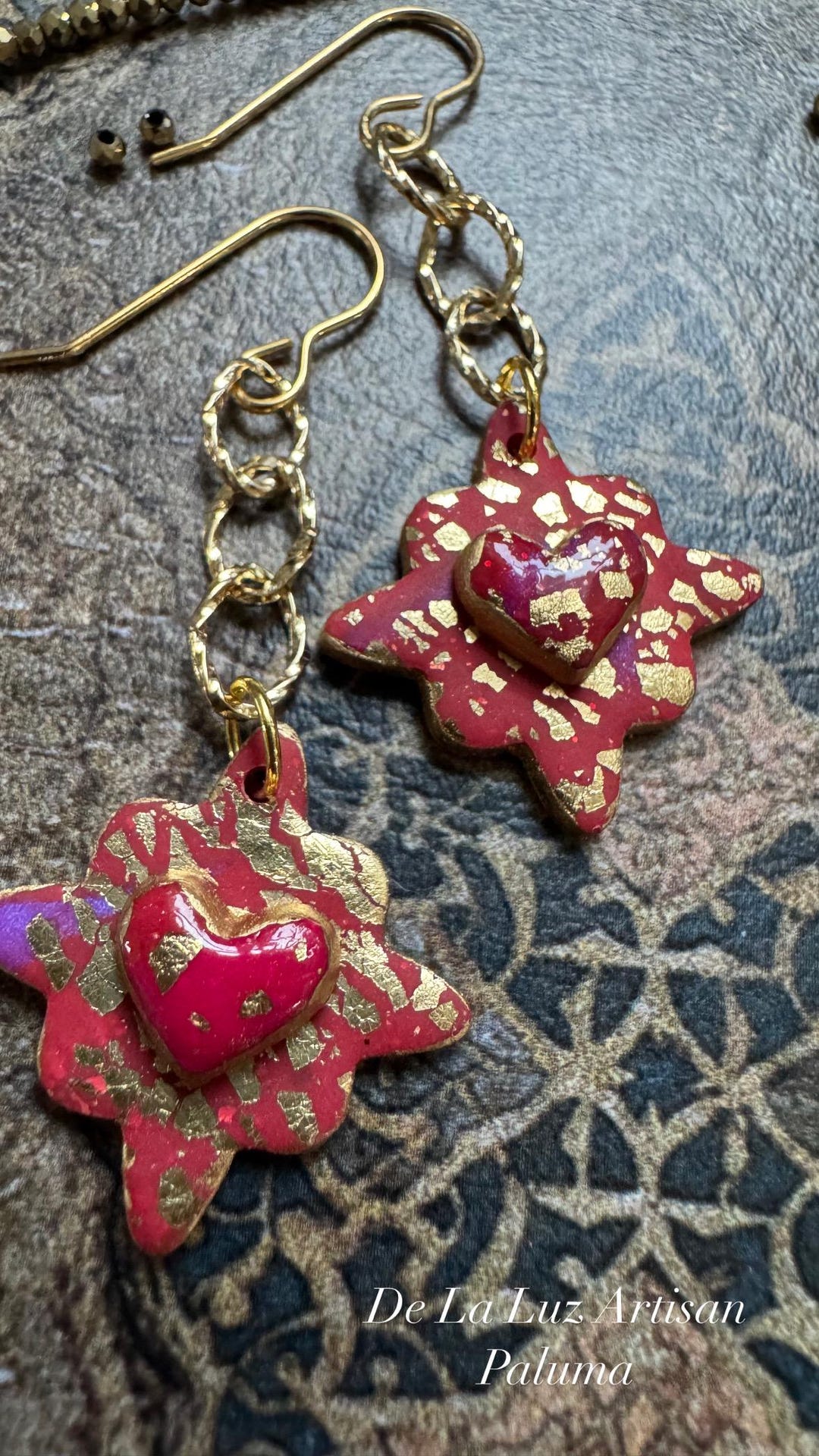 PALUMA - Red and Gold Heart Compass Rose Earrings, Gold Leaf Polymer ...