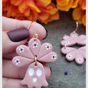 Pink Ghost Earrings, Dia De Muertos, Flower, Barro Pottery, Mexican ...