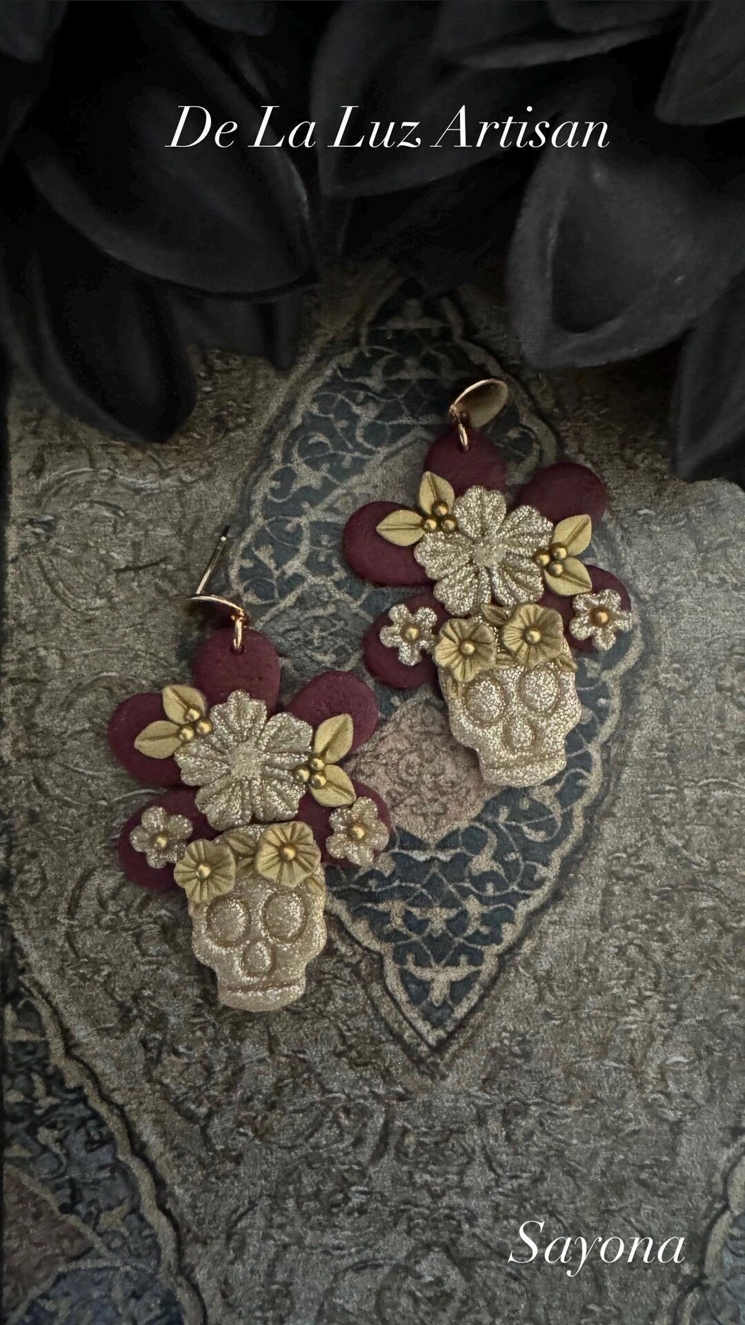 SAYONA - Maroon and Gold Sugar Skull Earrings, Wine Halloween Spooky ...