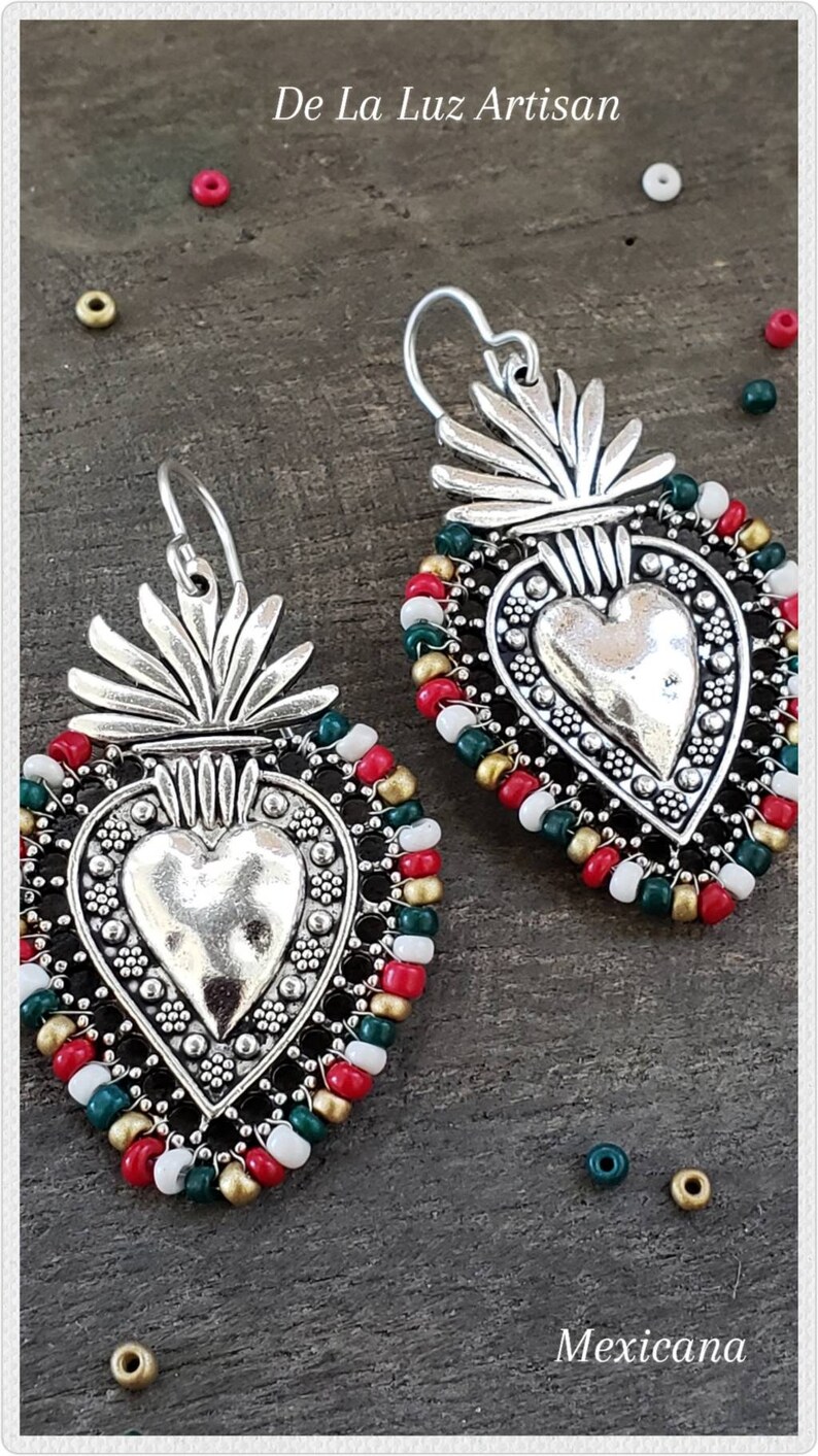 Mexicana Mexico Flag Colors Silver Sacred Heart Earrings - Etsy