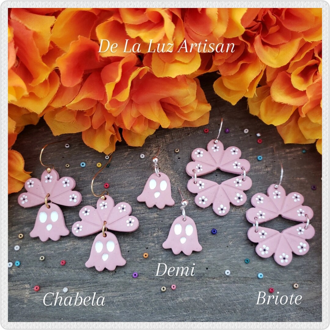 Pink Ghost Earrings, Dia De Muertos, Flower, Barro Pottery, Mexican ...