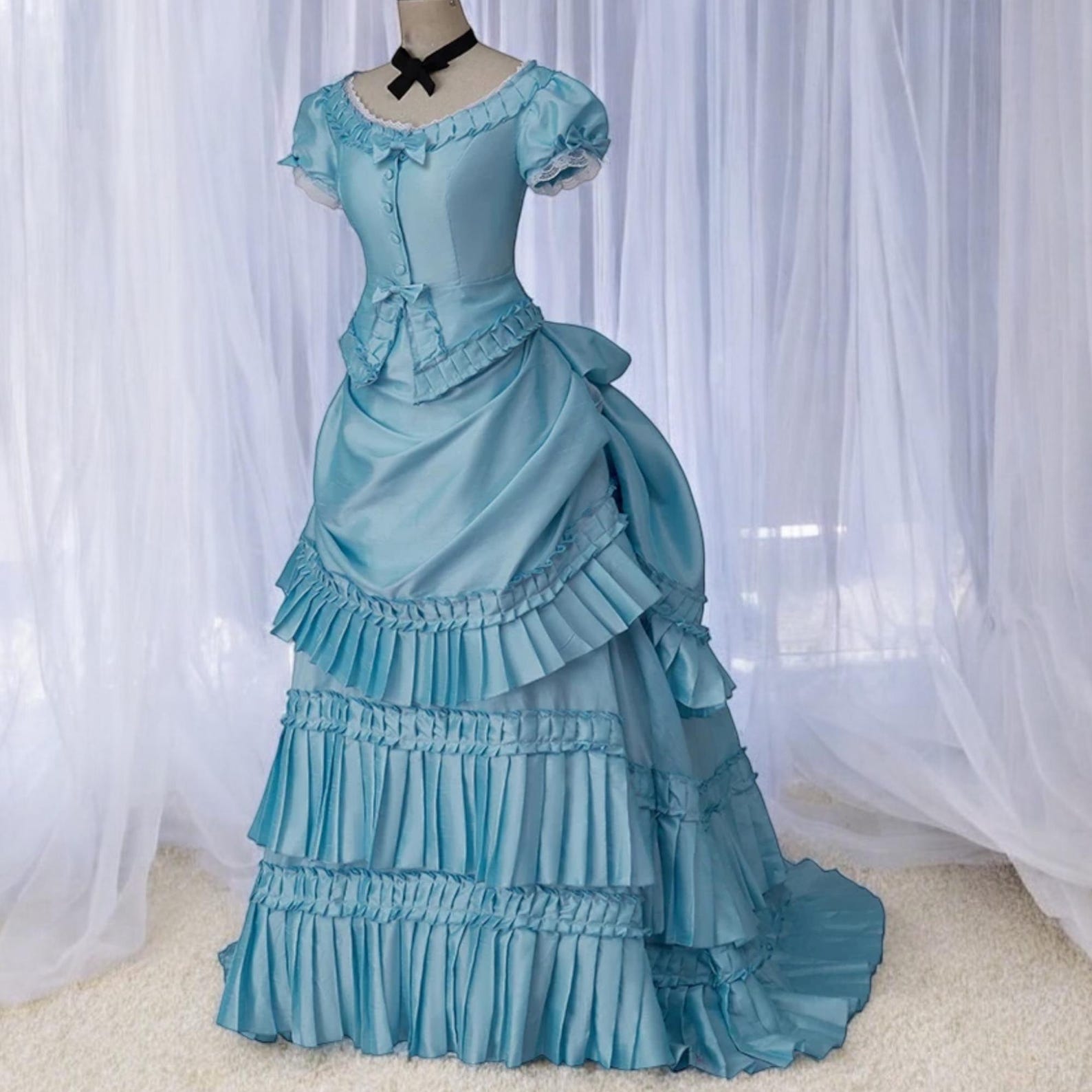 Victorian Style Satin Blue Ruffled Ball Gown With Bustle Skirt, Elegant ...