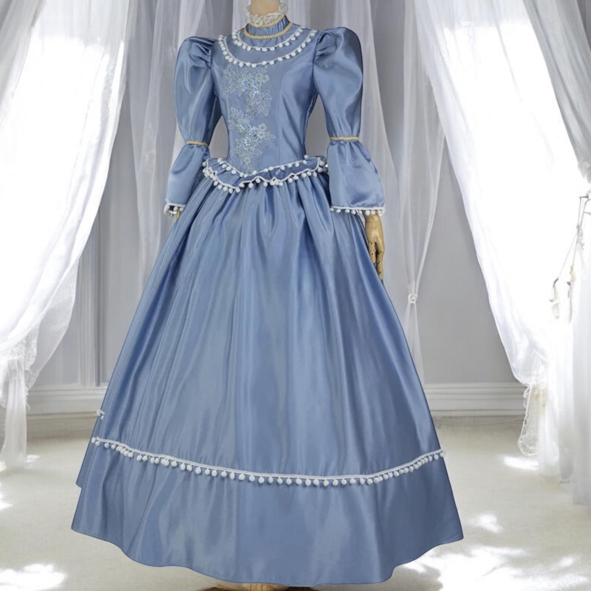 Victorian Light Blue Satin Ball Gown With Puff Sleeves, Elegant Full ...