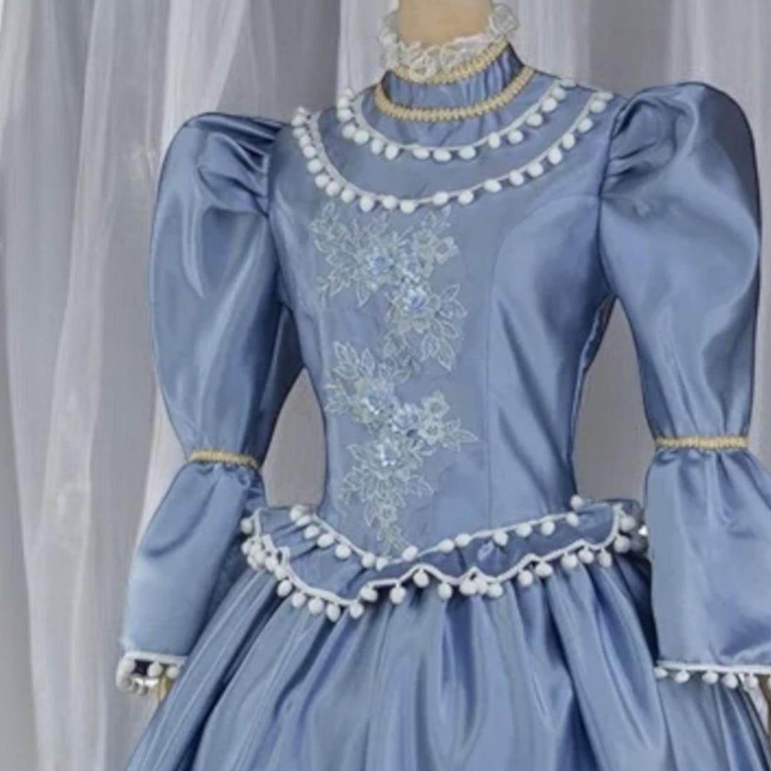 Victorian Light Blue Satin Ball Gown With Puff Sleeves, Elegant Full ...