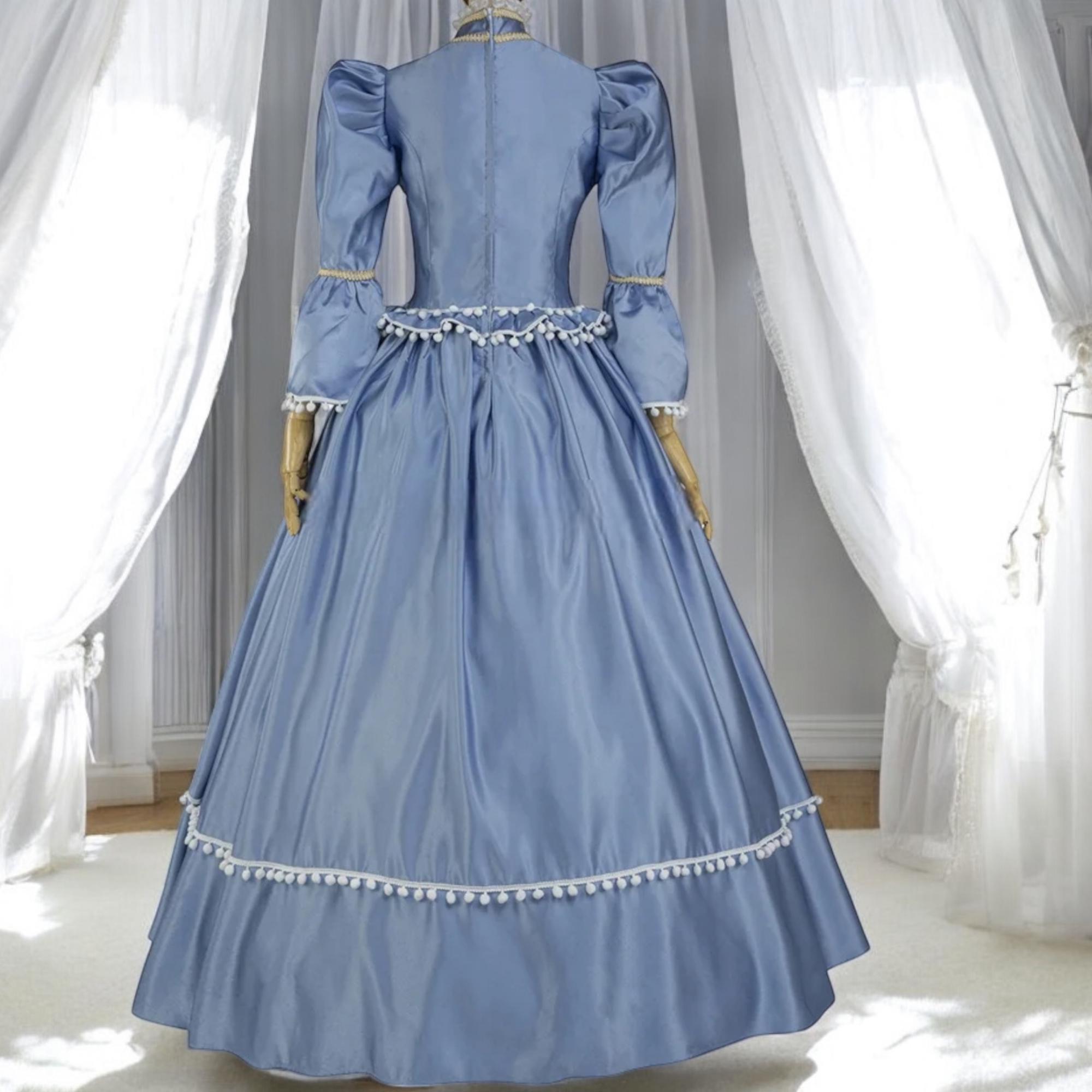 Victorian Light Blue Satin Ball Gown With Puff Sleeves, Elegant Full ...
