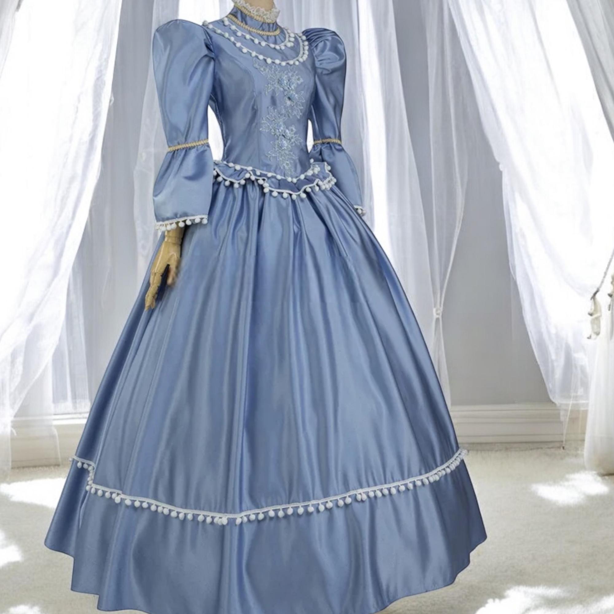 Victorian Light Blue Satin Ball Gown With Puff Sleeves, Elegant Full ...