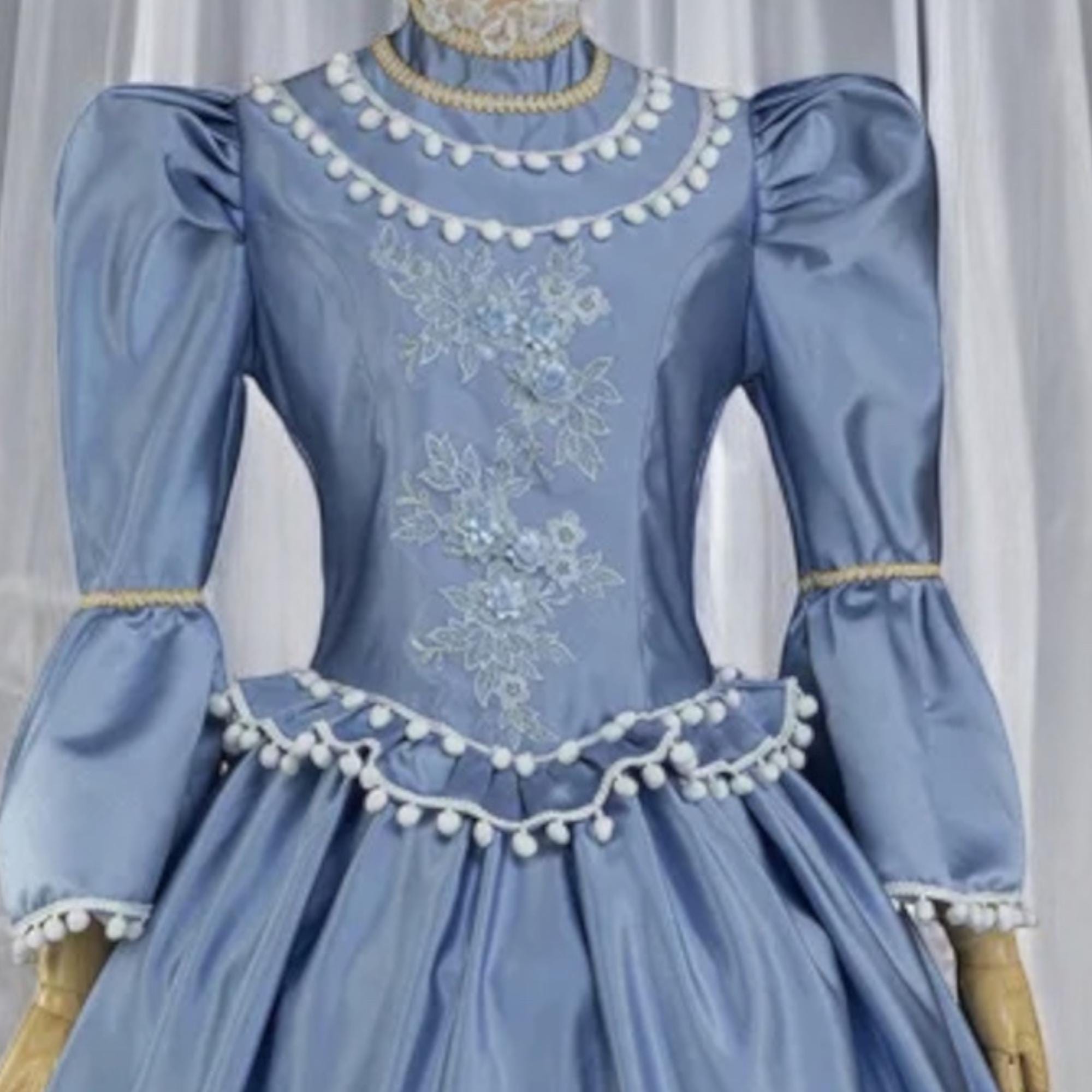 Victorian Light Blue Satin Ball Gown With Puff Sleeves, Elegant Full ...