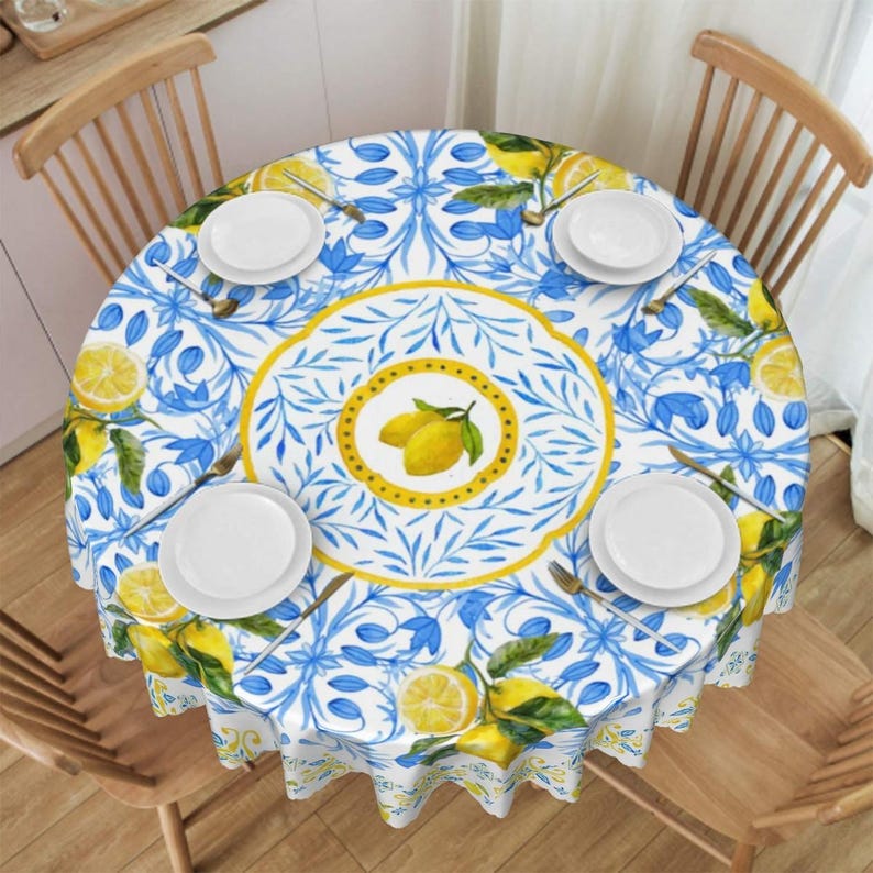 Spring Lemon Tile Round Tablecloth - Etsy