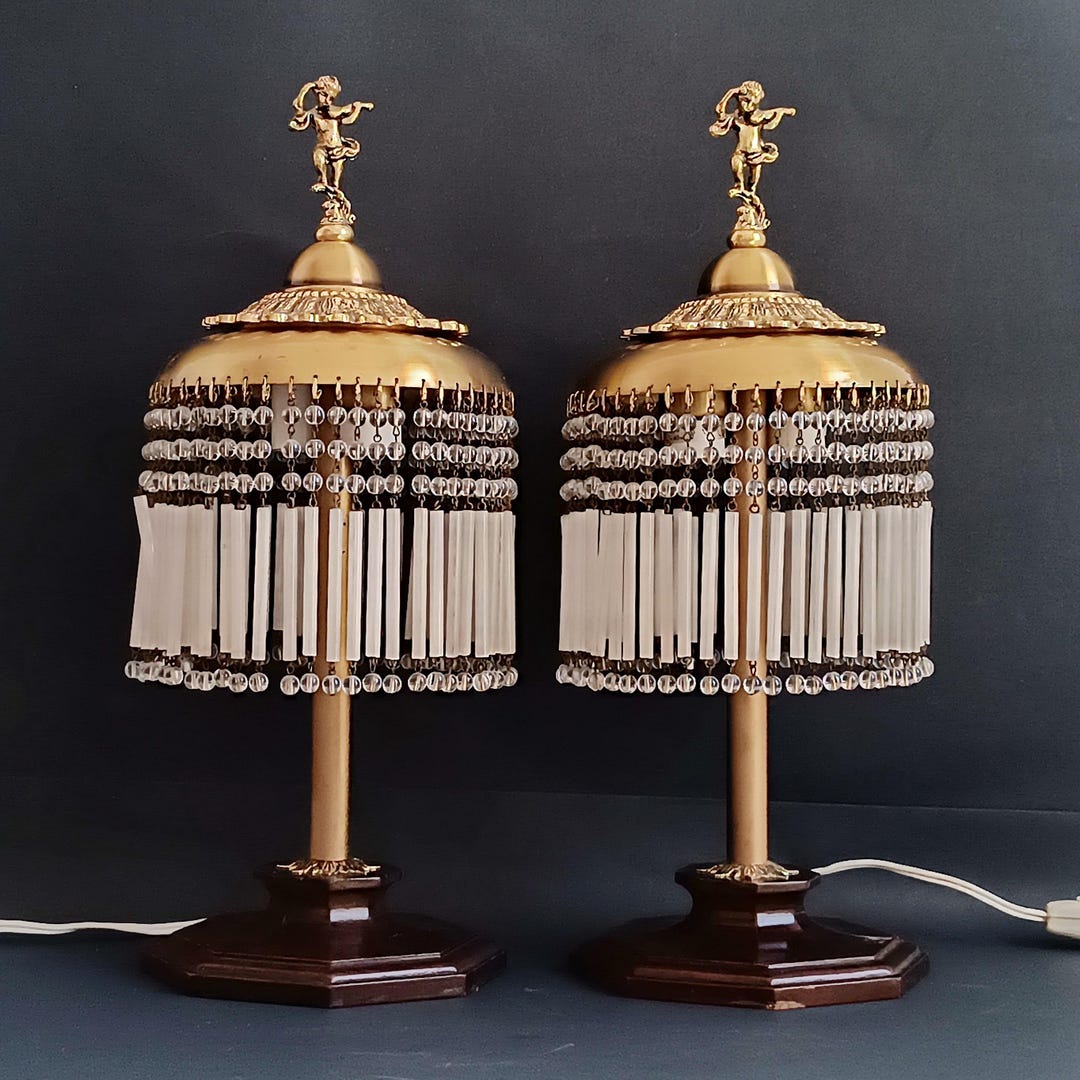 Set of 2 Antique Brass Bedside Lamps on Wooden Base Collectible Table ...