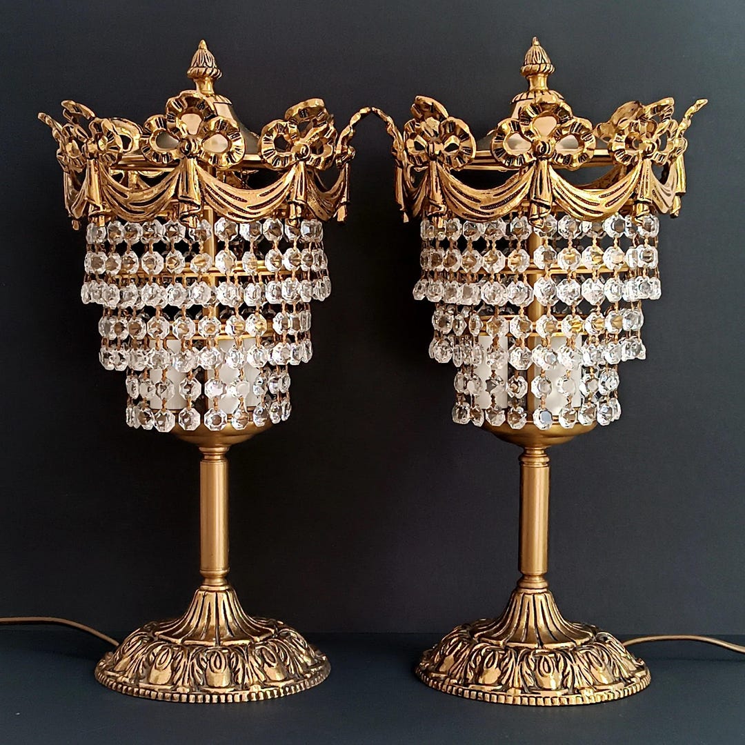 Set of 2 Antique Brass Lamps Collectible Bedside Lamps With Crystal ...