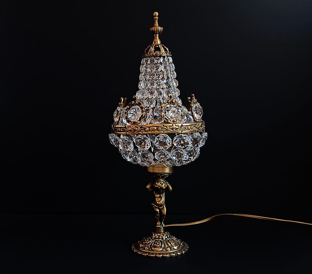 Antique Bronze Bedside Lamp Collectible Crystal Drop Table Lamp Night ...