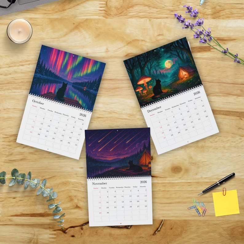Fantasy Camping Wall Calendar 2026 – Retro Watercolor Mountains, Cat ...