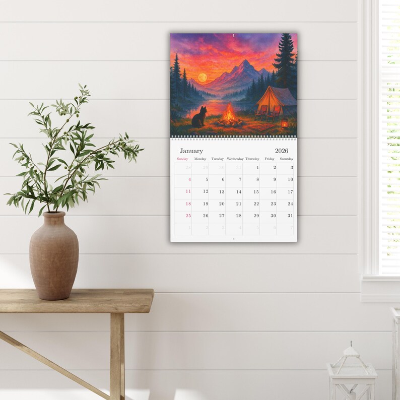 Fantasy Camping Wall Calendar 2026 – Retro Watercolor Mountains, Cat ...