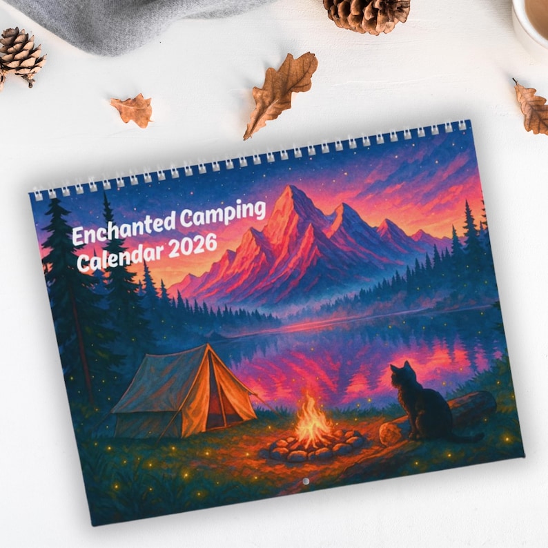 Fantasy Camping Wall Calendar 2026 – Retro Watercolor Mountains, Cat ...