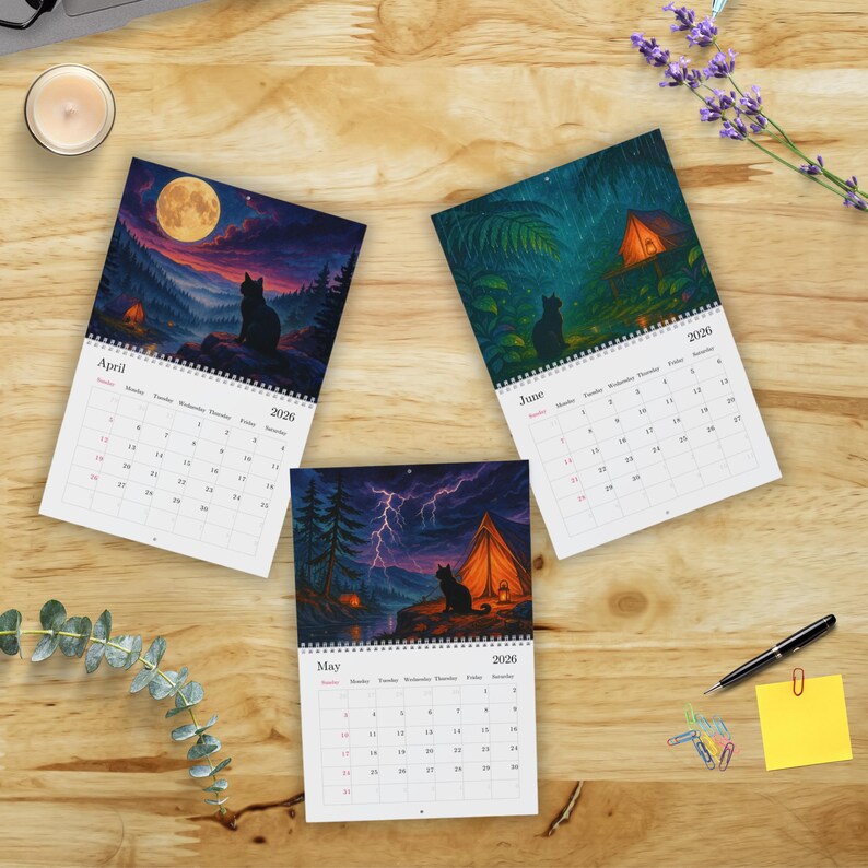 Fantasy Camping Wall Calendar 2026 – Retro Watercolor Mountains, Cat ...